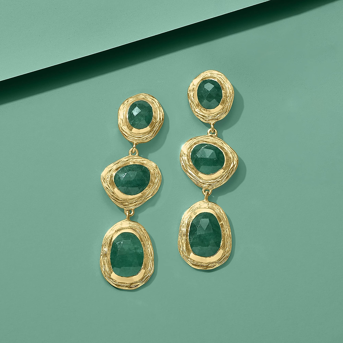 Ross-Simons 17.90 ct. t.w. Emerald Station Drop Earrings in 18kt Gold Over Sterling