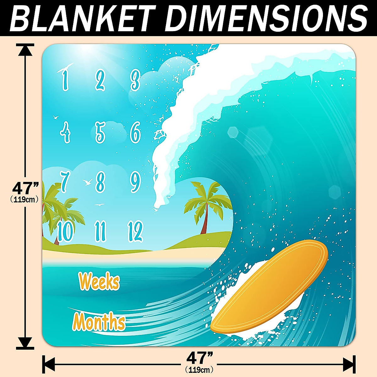 PHMOJEN Baby Monthly Milestone Blanket, Sea Surfboard Waves, Newborns 1 to 12 Months Unisex Include 4 Frames and 1 Headband 47"x47"BTLSPH495