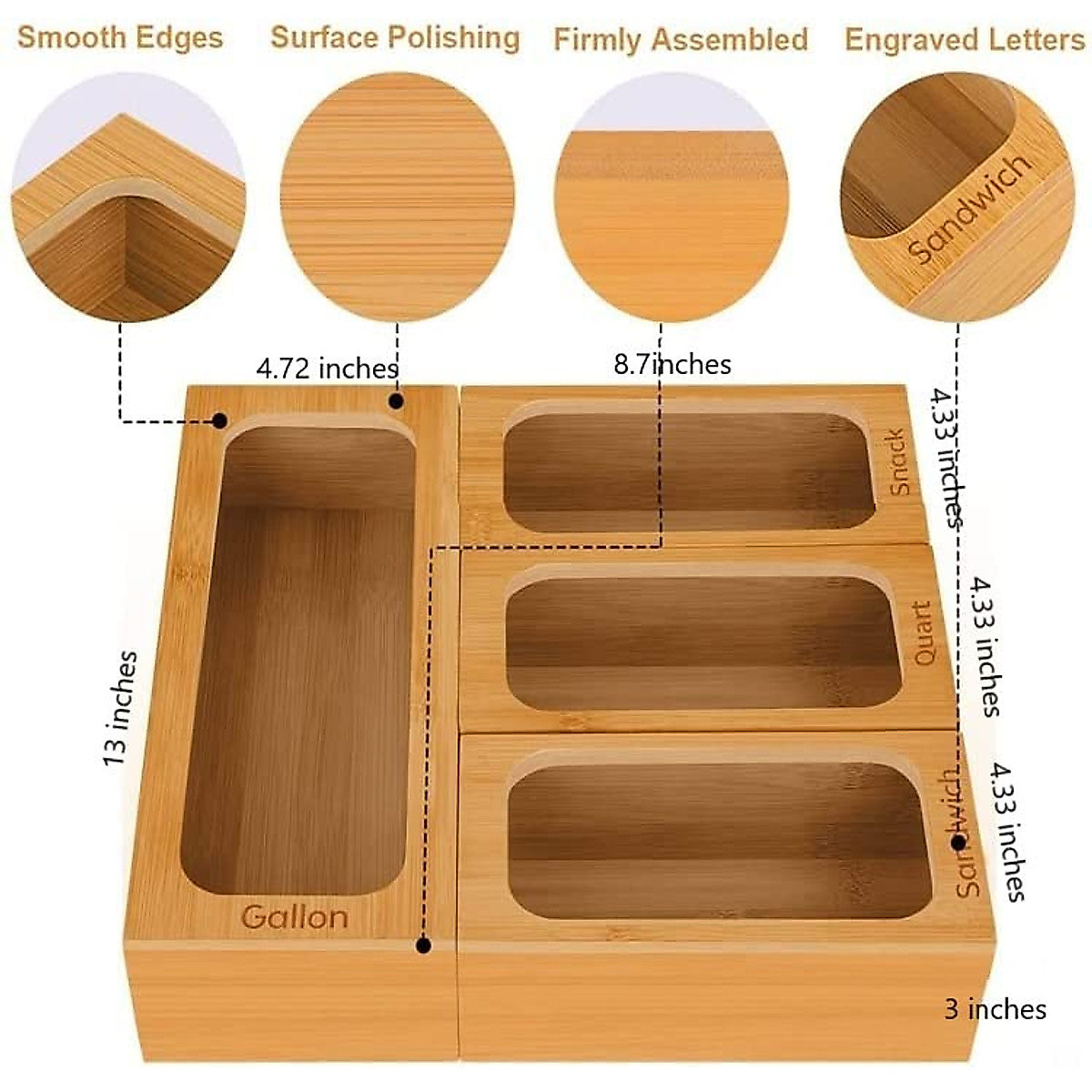 Premium Thick Solid Bamboo Storage Bag Organizer, Organizadores De Cocina, Food Baggie Dispenser for Kitchen Drawer Compatible with Most Brand (4 Piece Set)