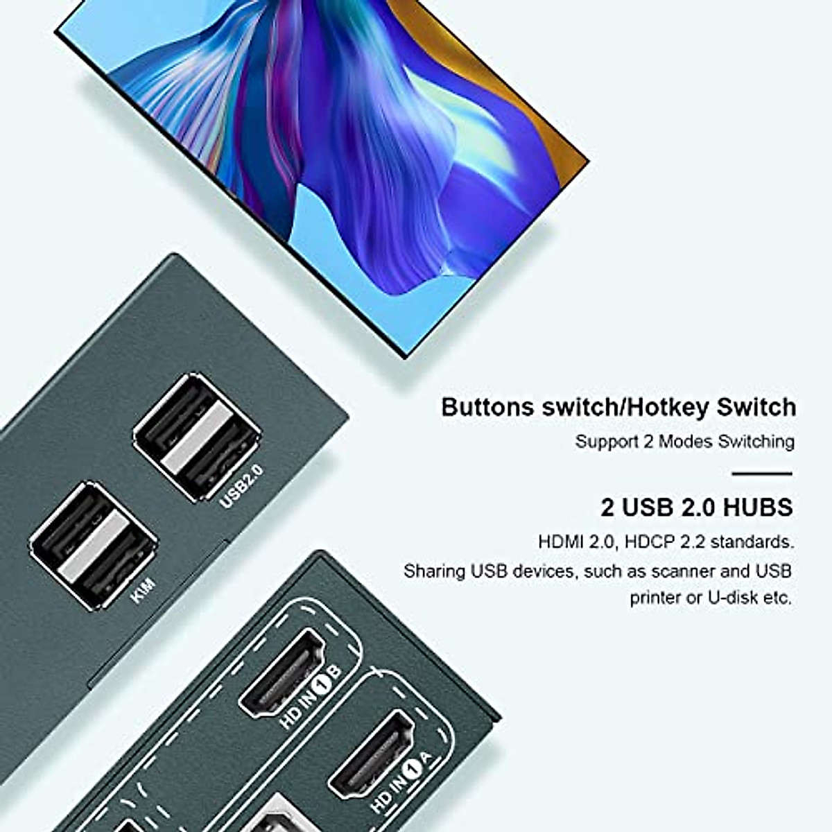GREATHTEK KVM Switch HDMI Dual Monitor Extended Display 4 Port,USB2.0, Hotkey Switch, UHD 4K@60Hz Resolution YUV4:4:4 Downward Compatible, 4 in 2 Out, with All Needed Cables