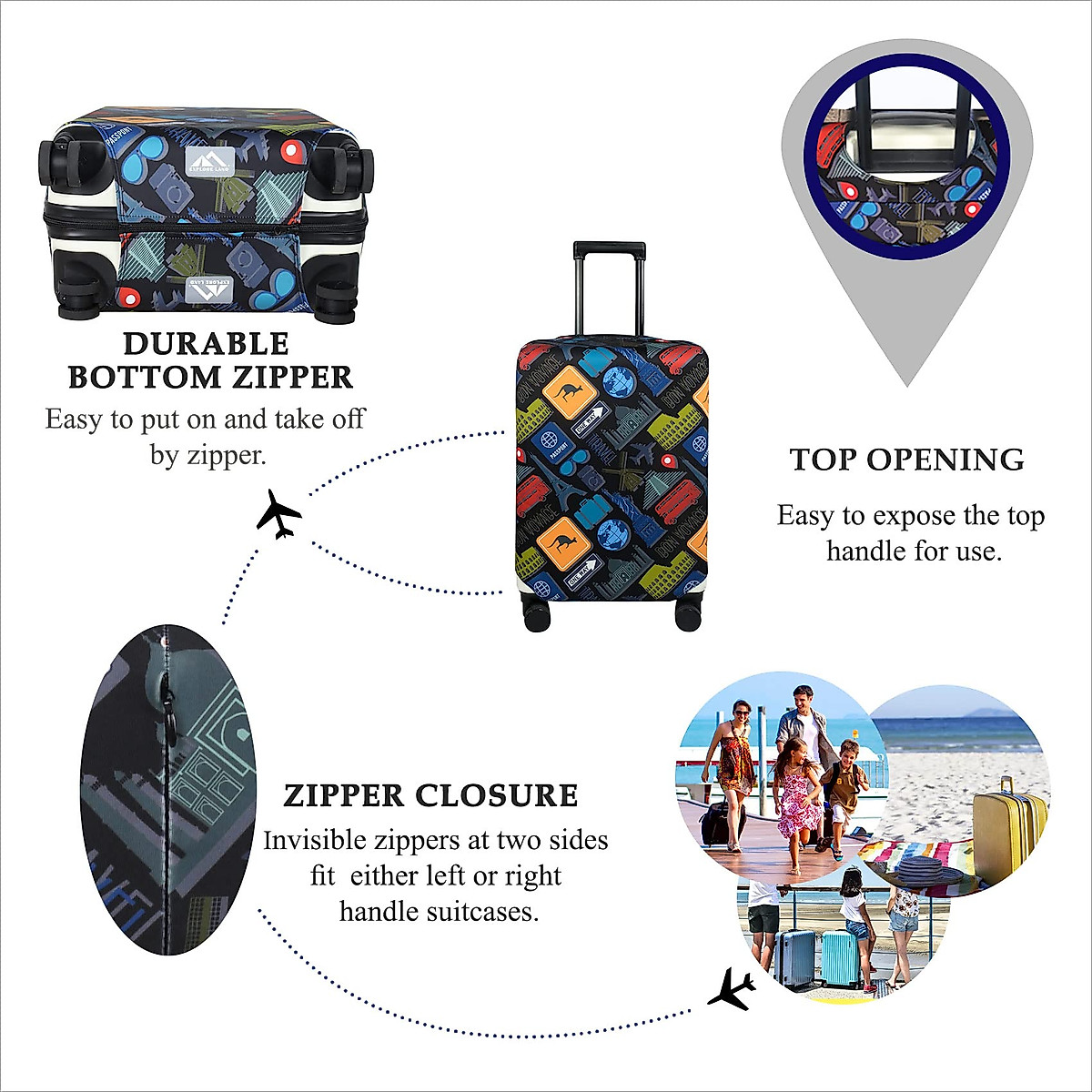 Explore Land Travel Luggage Cover Suitcase Protector Fits 27-30 Inch Case (Bon Voyage, L)