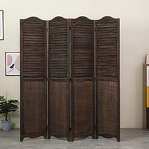 Antique Brown 4-Panels Arc Room Divider w/ Window Shutter Style