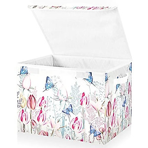 ALAZA Storage Bins with Lids,Pink Tulip Crocus Flowers Blue Butterflies Spring Style Fabric Storage Boxes Baskets Containers Organizers with for Toys,Clothes and Books