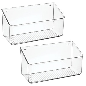 mDesign Plastic Wall Mount Organizer - 12" Wide Hanging Caddy for Home Storage - Angled Mountable Container Bin for Dorm, Bathroom, and Office - Phone Holder Basket - Ligne Collection - 2 Pack -Clear