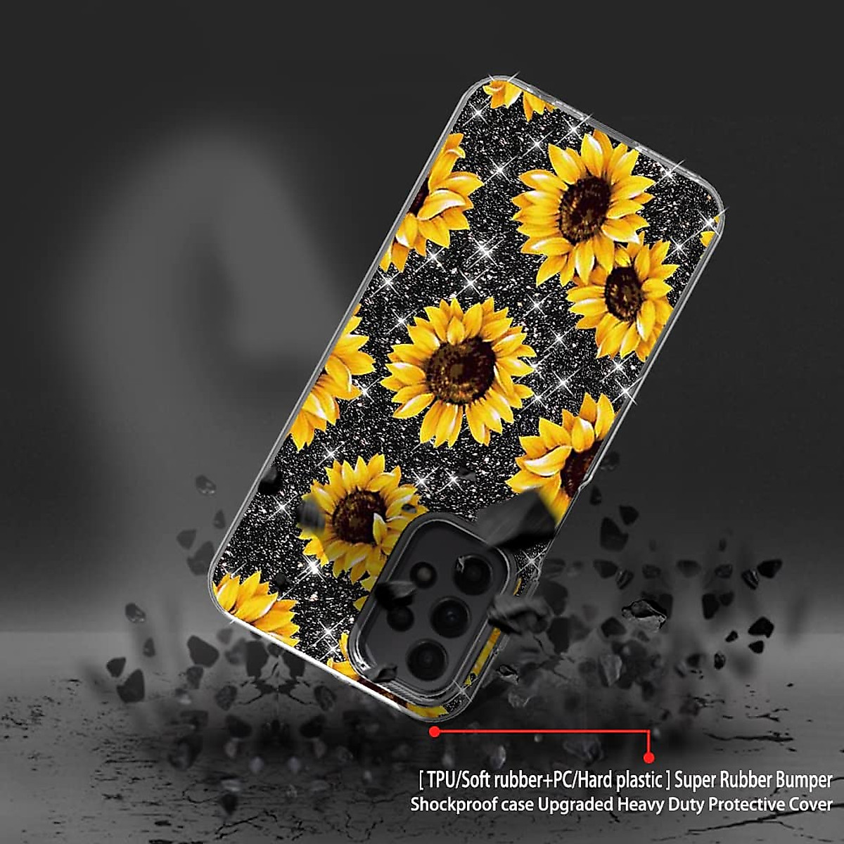 DDTKZC for Samsung Galaxy A23 5G Case，Samsung A23 5G Case Tempered Glass Protector Lustre Pattern-Sparkle 3 in 1 Clear Shockproof Case for Samsung A23 5G (Yellow Sunflower)