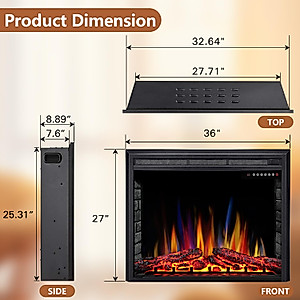 Havato 36 inch Electric Fireplace Inserts, Recessed Electric Stove Heater with Adjuatble Flame Colors, Log Colors, Flame Speed and Brightness, Remote Control & Time,750W/1500W