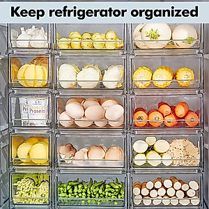 elabo Stackable Refrigerator Organizer Drawers with Removable Drain Tray, Fridge Organizer Bins, Pull Out Food Storage Container Bins with Drawer for Freezer and Kitchen, BPA-Free, Clear, 3 Pack