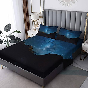 Space Sheets Full Size, Mountain Bed Sheets, Patterned Bedding Sheets & Pillowcases 4 Piece Set - Soft Microfiber Deep Pocket Fitted Sheet & Flat Sheet & 2 Pillow Cases L2-&-234