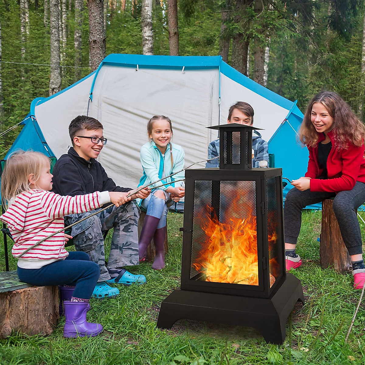 Large Fire Pits Wood Burning 44'' High Chimineas Fire Pit Steel Big Outdoor Pagoda Style Firepits Bowl with Mesh Spark Screen Modern Firepits for Camping,Backyard,Party…