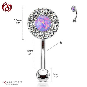 Forbidden Body Jewelry 16g 6mm Curved Barbell for Daith/Eyebrow/Rook/Belly Button w/Round CZ & Opalite Top, Purple