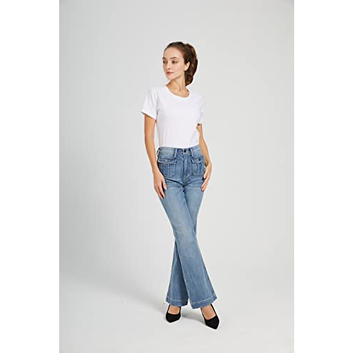 ERSDGG Women's High Rise Straight Bootcut Jeans Flare Leg Stretch Denim Pants Classic Casual Bell Bottom (Medium Indigo, 26, Bootcut)