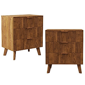 Mid-Century 3 Drawers Bedside Table Cabinet, Modern Nightstand with 3 Drawer and Solid Wood Legs, Contemporary 3-Drawer Nightstand, Mid Century Nightstand with 3 Storage Drawer for Bedroom (Walnut)