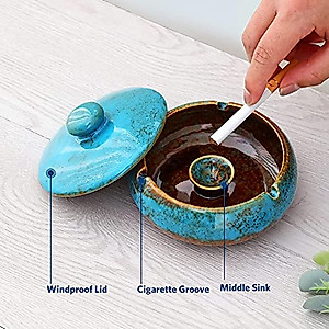 RONXS Ashtray, Outdoor Ash tray for Patio with Lid, Windproof Ashtrays for Cigarettes, Handmade Ceramic Ashtray for Home Office Indoor Decoration