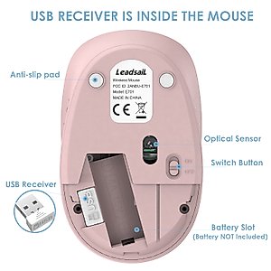 LeadsaiL Wireless Mouse for Laptop, 2.4GHz Silent USB Mouse, Slim Optical Mouse with 3 Buttons, 1600 DPI, Works with Windows, Mac, Chrome OS, Linux