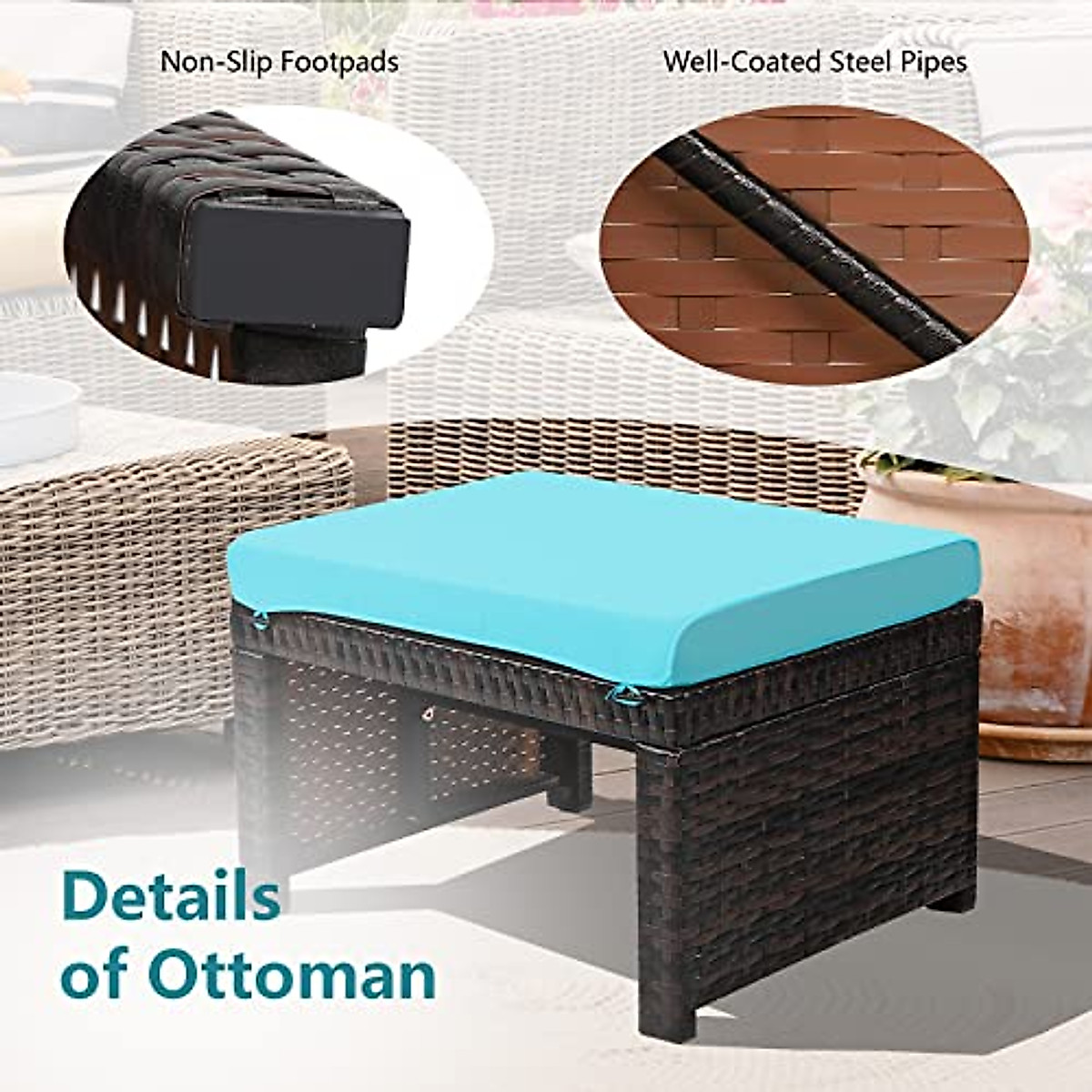 HAPPYGRILL 2 Piece Outdoor Wicker Ottomans, Patio Rattan Footstool with Cushions, Solid Steel Frame, Multifunctional Ottomans for Poolside Backyard Balcony