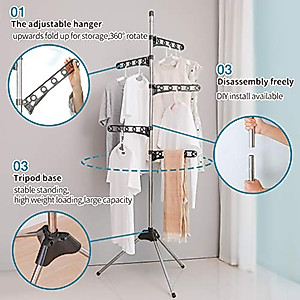 BAOYOUNI Foldable Laundry Pole Clothes Tree Drying Rack Airer Corner Tripod Coat Hanger Standing Garment Storage Shelf Holder Indoor Space Saving Organizer with 5 Adjustable Arms, Grey