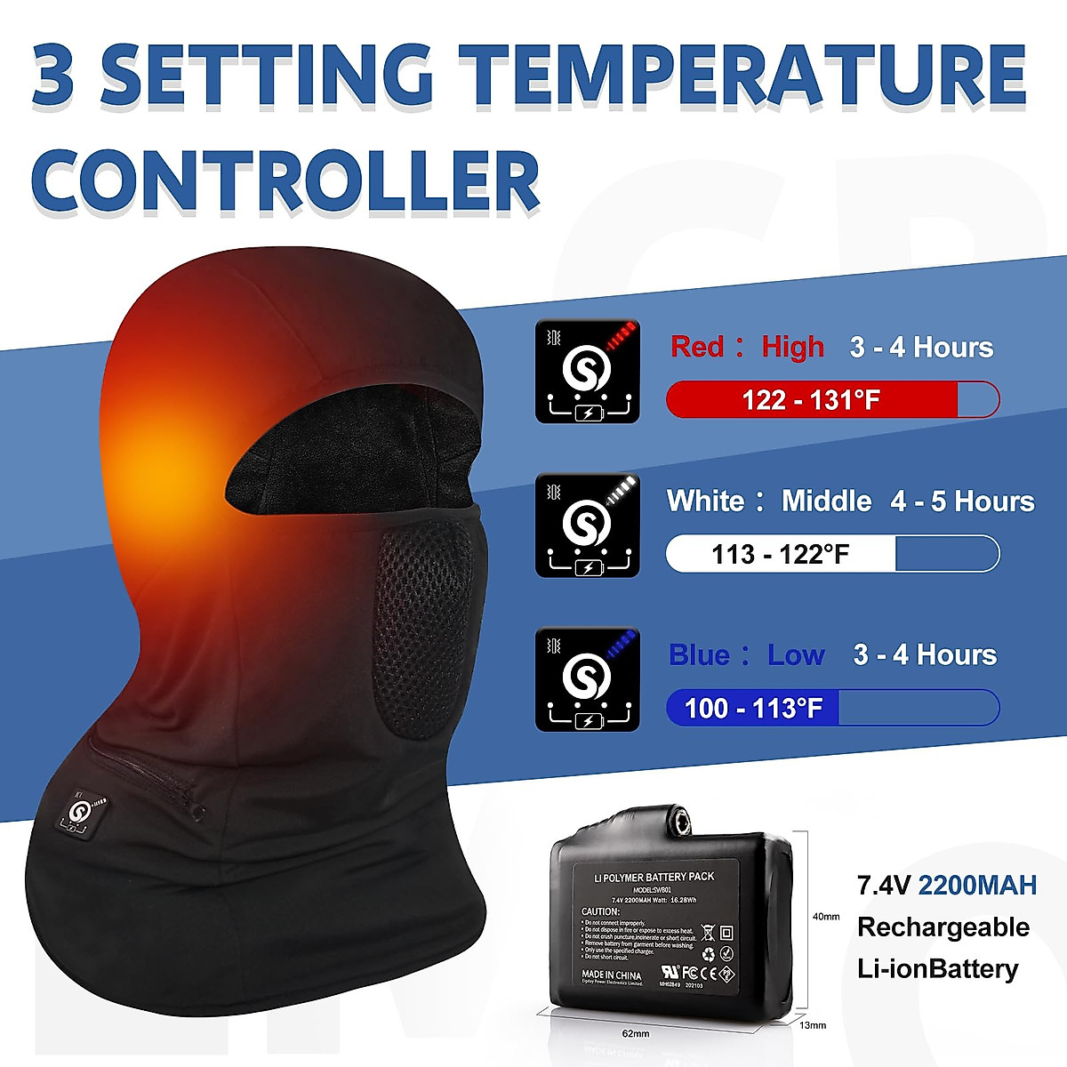 WERMSOCK Heated Ski Mask, Heated Balaclava Face Mask, Windproof Black Ski Mask for Men, Thermal Full Face Ski Mask for Motorcycle Riding Cycling