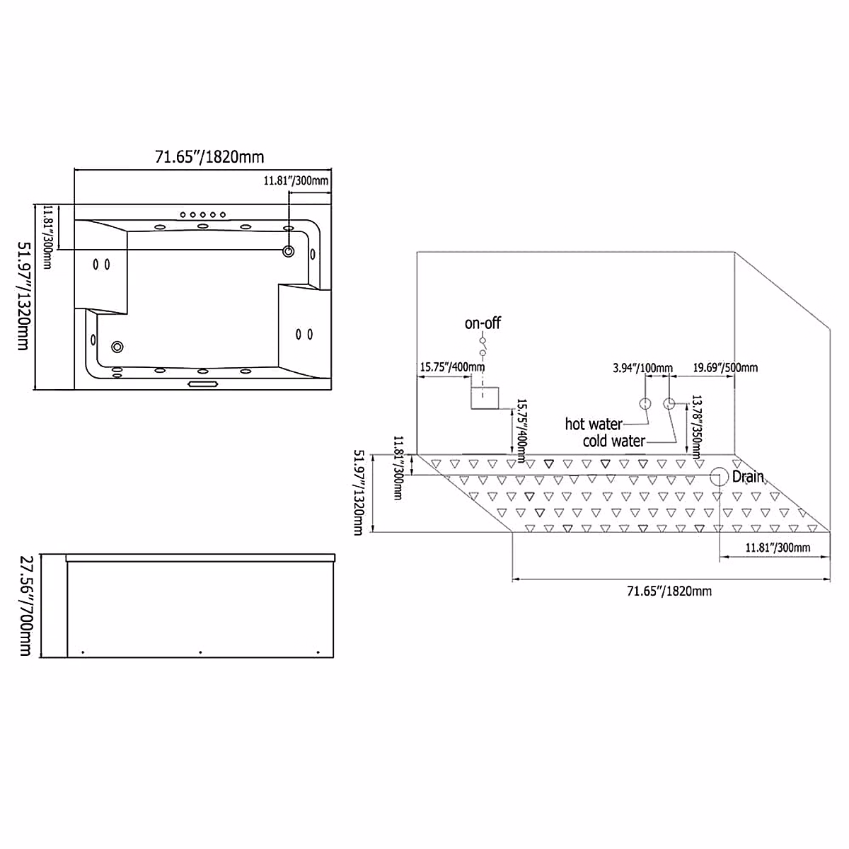 Weibath 71" LED Bathtub Modern Acrylic Corner Bathtub Whirlpool Air Massage 3 Sided Apron Soaking Tub in White Chromatherapy LED