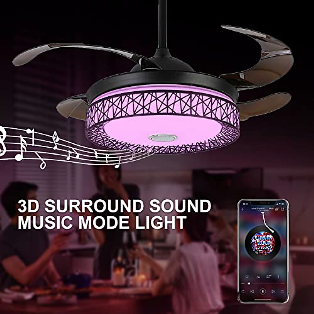 MoreChange 42” Retractable Ceiling Fans with Lights and Remote Control, Invisible Modern Chandelier Fan Lighting with Bluetooth Speaker Play Music 7 Colorful Dimmable Fixture for Bedroom/Living Room