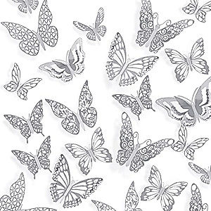 Vuzvuv 60Pcs 3D Silver Butterfly Wall Stickers 3 Sizes 5 Styles Butterfly Party Decorations Cake Decorations Wall Decor Room Kids Bedroom Nursery Classroom Wedding Decor Birthday Decor Paper Butterflies