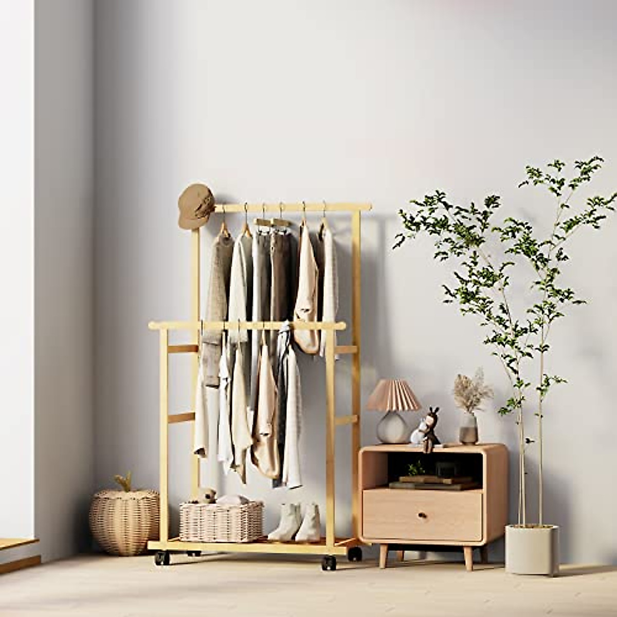 MOUTIK Wood Rolling Clothes Hanging Rack: Heavy Duty Double Rods Clothing Garment Racks - Bamboo Coat Hanger Organizer on Lockable Wheels with Shoes Shelf for Storage Display