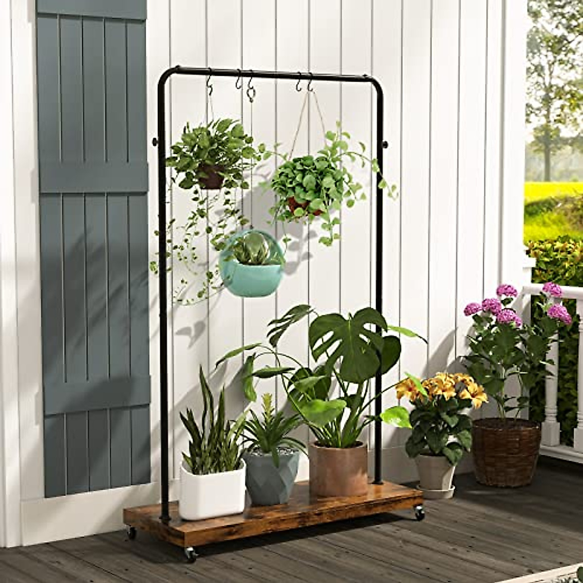 Tangkula Clothes Rack on Wheels, Industrial Pipe Style Rolling Garment Rack with Bottom Storage Shelf & 5 Hanging Hooks, Clothes Organizer with Sturdy Metal Frame for Bedroom Laundry Room