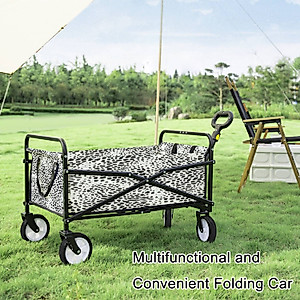 Outdoor Collapsible Wagon Seamless Black White Fur Stylish Fashionable Wild Leopard Cheetah Camping Shopping Garden Cart Heavy Duty Wagon Adjustable Portable Utility Folding Wagon with Wheels