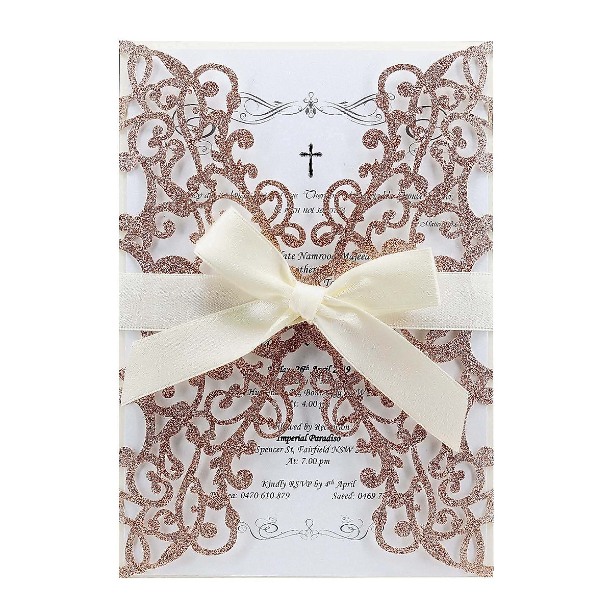 KALOPEZY 50PCS Wedding Invitation,Rose Gold invitations,Gold Powder Floral Laser Cut with Blank Inner Sheet, Envelopes and Ribbons for Party Wedding Engagement Bridal Bridal Shower Invite (Rose Gold)