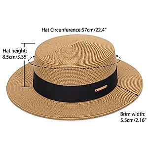 Straw Beach Sun Hat Pork-Pie Boater-Hat for Women Men - Summer Wide Brim Uv-Rays Panama Hat Khaki