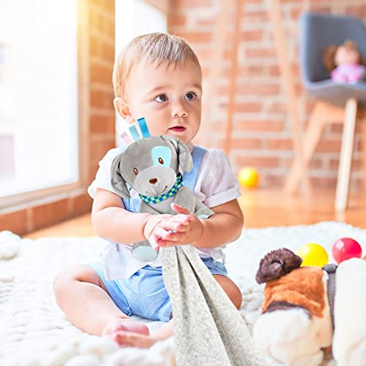 Cute Dog Security Blanket for Newborn Baby Boy Girl 0-36 Months, Unisex Soft Deer Soothing Blanket Elephant Baby Towel Baby Blanket with Stuffed Animal, 11.6 x 11.6 Inch