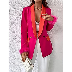 WDIRARA Women's Colorblock Fuzzy Trim Shawl Collar Double Button Work Office Jacket Blazer Pink and Orange S