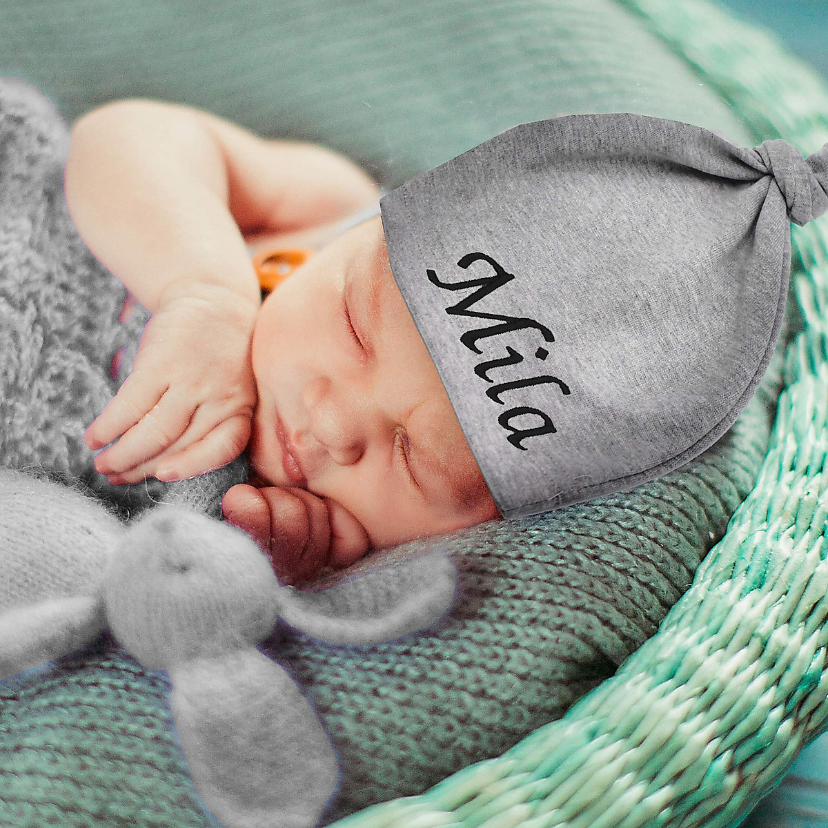 Custom Embroidered Baby Boy Girl Beanie Hat, Personalized Keepsake for Newborn, Customized Infant Gift for Baby Showers, New Parents (Grey)