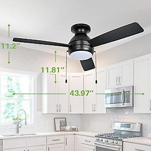 hykolity 44 inch Flush Mount Ceiling Fan with LED Lights(3000K/4000K/6000K) Pull Chain, Noiseless Reversible Motor, Low Profile Ceiling Fan, 3 Speed, ETL Listed, Black