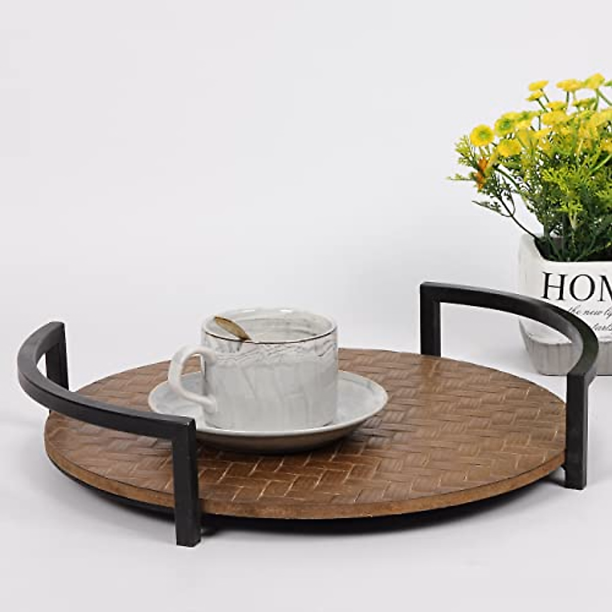 Farmhouse Round Decorative Tray，Wood Serving Tray with Metal Handles, Rustic Ottoman Coffee Table Accent Tray, Centerpieces for Table (Natural Brown)