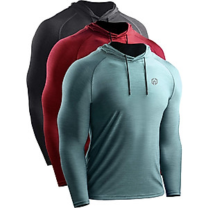 NELEUS Men's 3 Pack Dry Fit Running Shirt Long Sleeve Workout Athletic Shirts with Hoods,5071 Dark Grey,Red,Light Green,US 2XL,EU 3XL