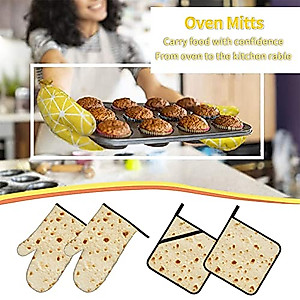 LAKIMCT Tortilla Bread Print Oven Mitts and Pot Holders Sets Non-Slip Potholders Heat Resistant Oven Gloves for Kitchen Baking Cooking BBQ, 4-Piece Set