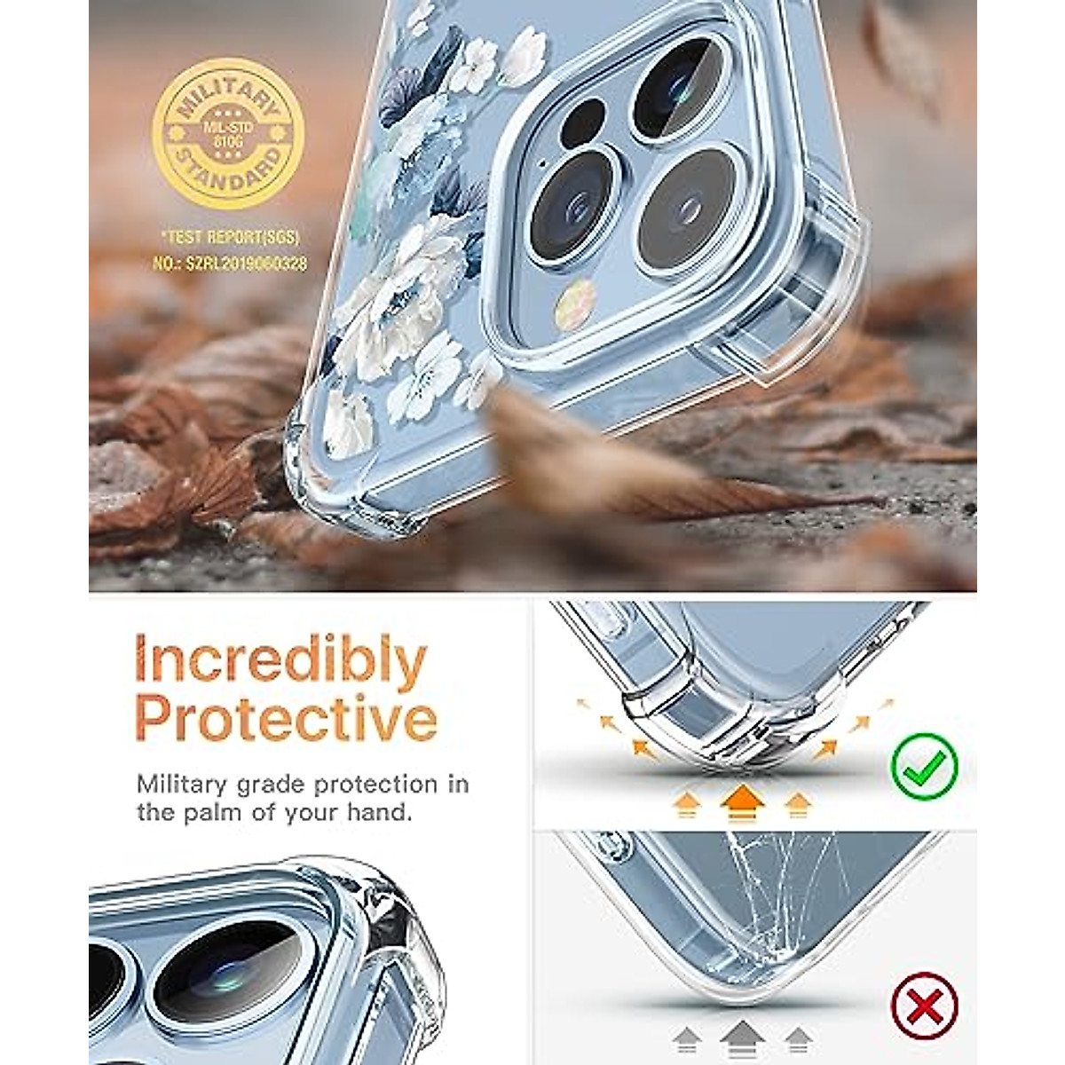 GVIEWIN for iPhone 13 Pro Case with Screen Protector & Camera Lens Protector, [10FT Military Grade Drop Protection] Clear Shockproof Slim Fit Floral Phone Case for Women Girls (Rosa Chinensis/Blue)