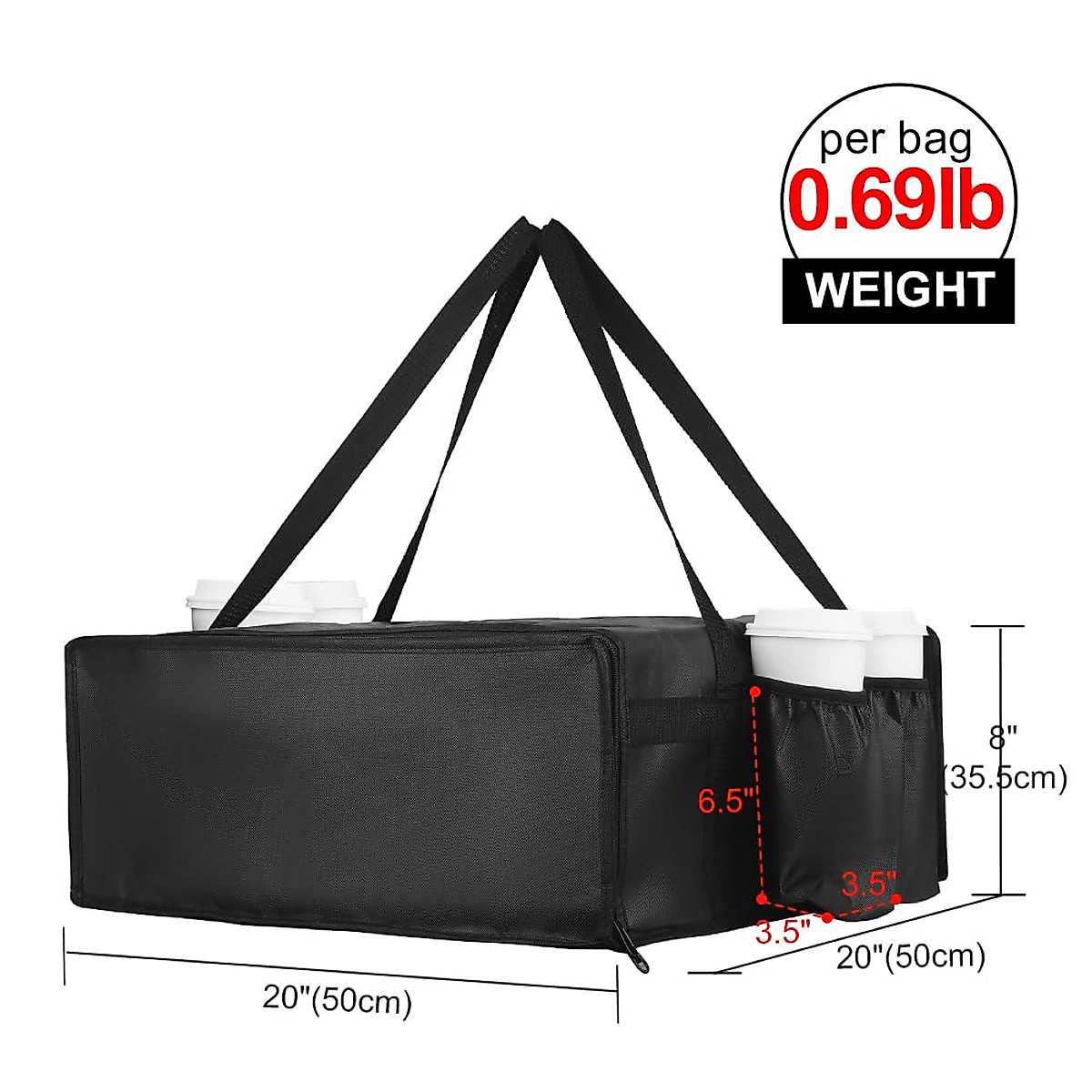 Bodaon Insulated Pizza Delivery Bag with 4 Cup Holder, 20"x20"x8" Pizza Bags for Delivery, Pizza Pack, Pizza Warmer Bags for Carry Hot Food Delivery, Insulated Grocery Bags (Black, 1-Pack)