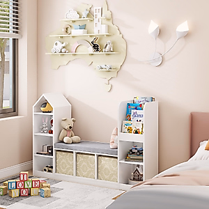 Vabches Toy Storage Organizer for Kids Bookshelf with Reading Nook, Multifunctional Kids Bookcase with 9 Storage Cubbies and Large Seat Cushion for Keeping Kids' Toys Books Organized, White
