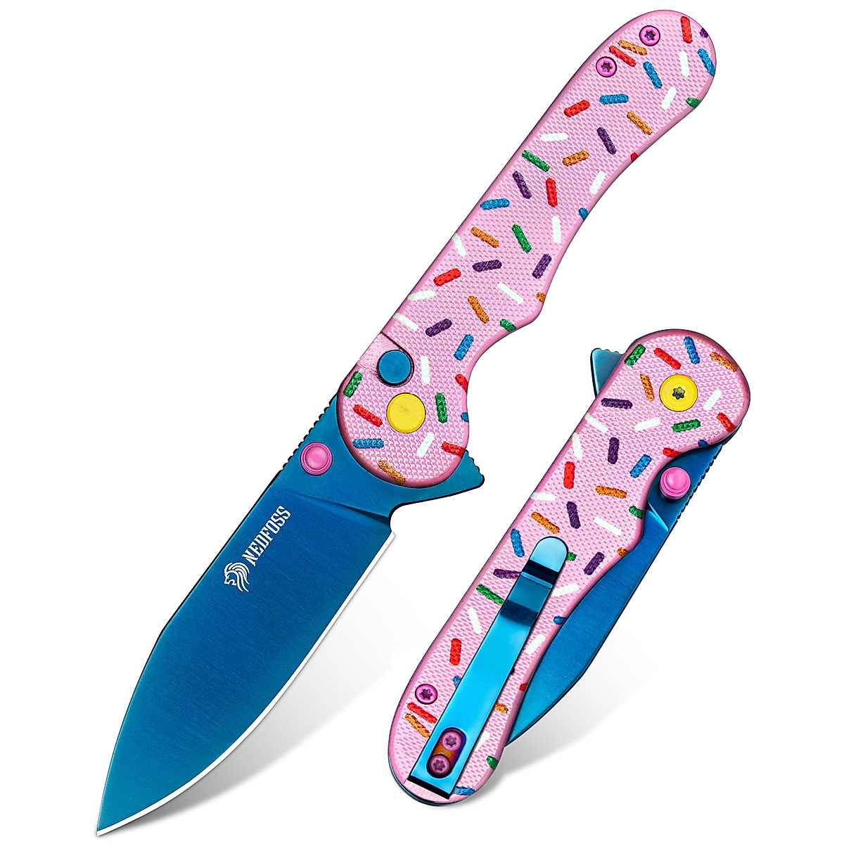 NedFoss DONUT Pink Pocket Knife for Women Men, 2.96" Blade Small EDC Knife, 14C28N Steel Button Lock Knife, Unique Donut Design G10 Handle Folding Utility Knife
