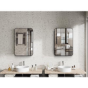 LALAHOO 24x16 Inch Bathroom Medicine Cabinet Black Aluminium Profiles Wall Mounted Bathroom Medicine Cabinet or Recessed Mirror Cabinet Rounded Rectangle Bathroom Medicine Cabinet