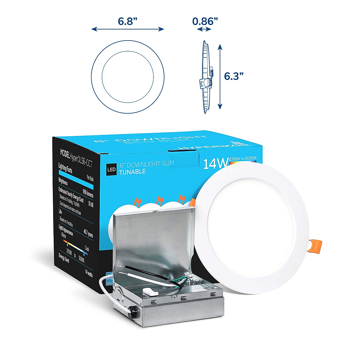 Hyperikon 6 inch LED Recessed Lighting Selectable Color Temperature 5CCT 2700K-5000K, 14W Slim Downlight with Junction Box, UL, Energy Star, 6 Pack