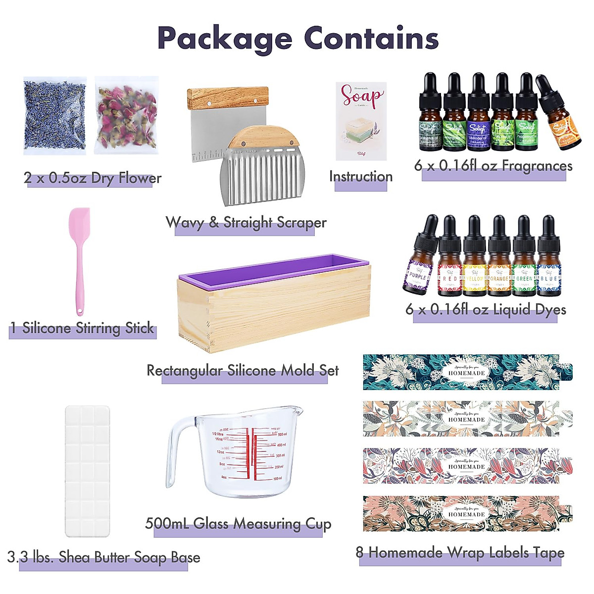 DIY Soap Making Kit, Soap Making Supplies with 3.3 lbs Soap Base, Glass Measuring Cup, Liquid Dyes, Wavy Straight Scraper, Silicone Stirring Stick