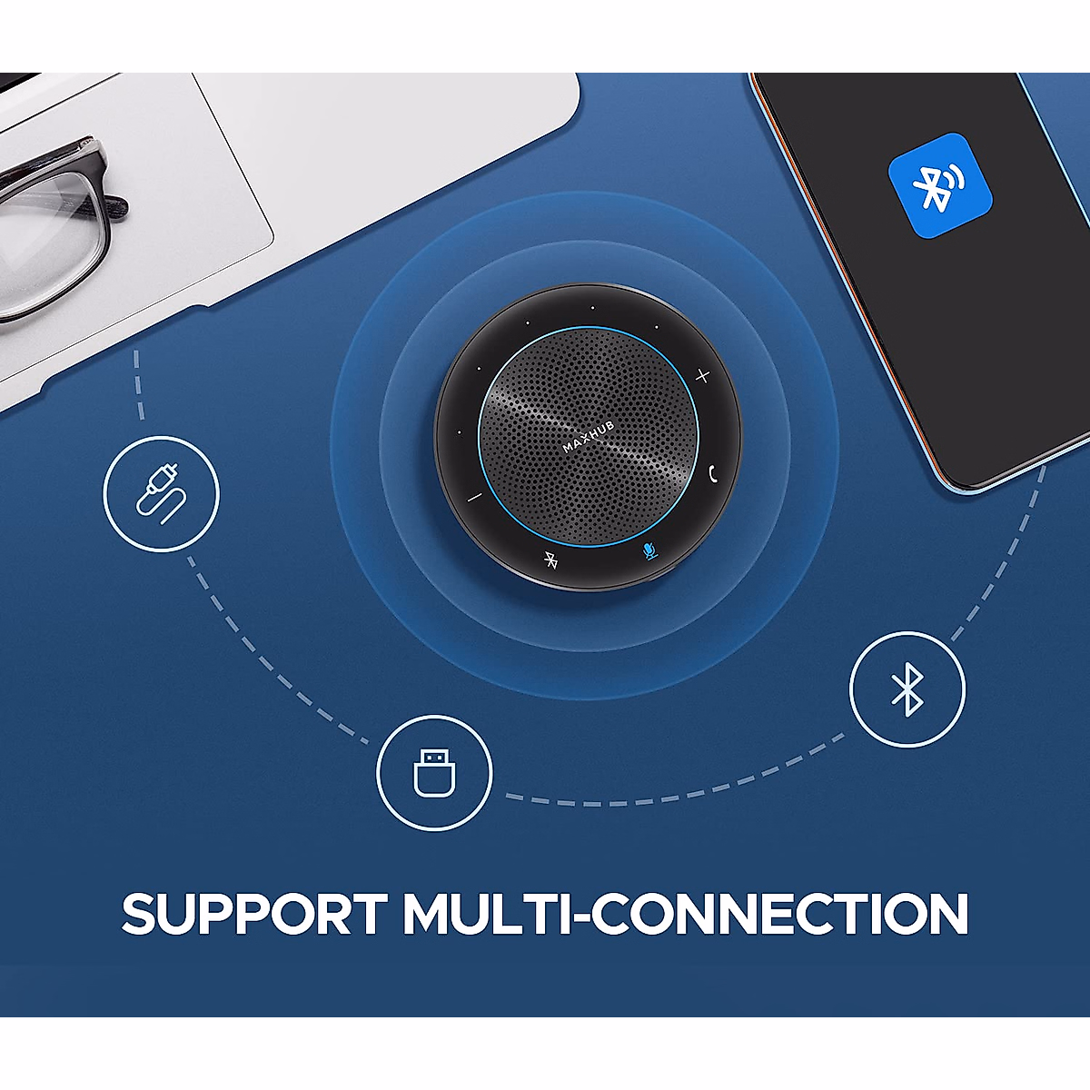 Enther&MAXHUB Bluetooth Speakerphone,USB Conference Speaker with 6 Microphones, Enhanced 360° Voice Pickup and Noise Reduction,16 Ft Pickup Distance,Home Office