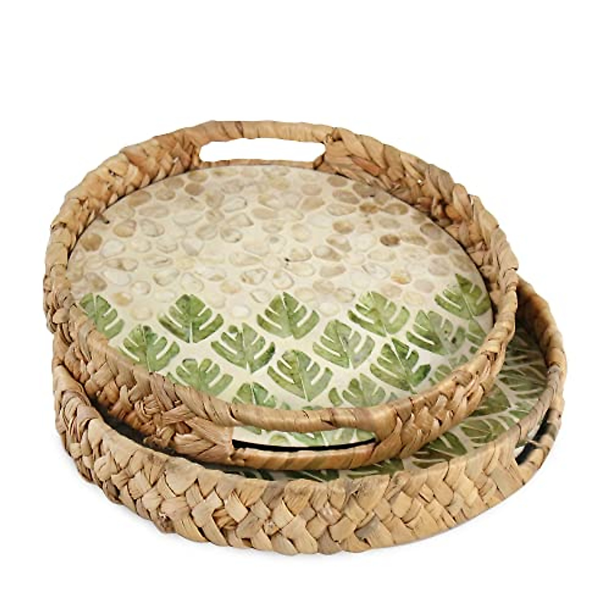 MadeTerra Round Seagrass Tray with Mother of Pearl Inlay Wooden Base Insert Handle, Decorative Nacre Serving Basket for Breakfast, Food, Coffee Table Decor, Decoration, Storage and Display (Set 2)