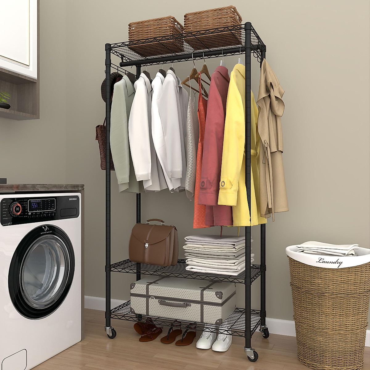 Serxis Rolling Portable Garment Rack,Freestanding Clothes Racks, Portable Closet Wardrobe with 3 Adjustable Wire shelves,2 Side Hooks, Black