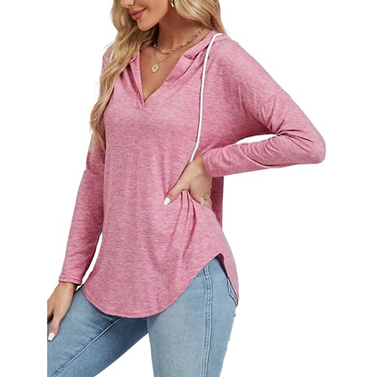LYANER Women's Casual V Neck Long Sleeve Drawstring Pullover Hoodies Sweatshirt Pink Medium