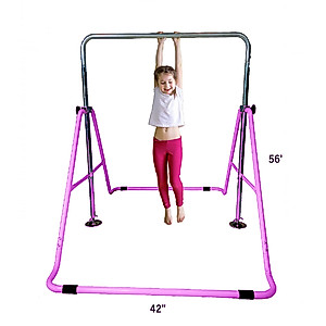 Kids Jungle Gymnastics Expandable Junior Training Monkey Horizontal Bars Climbing Tower Child Play Pink Training Pull Up Gym + Swing Seat + Trapeze Rings.Set