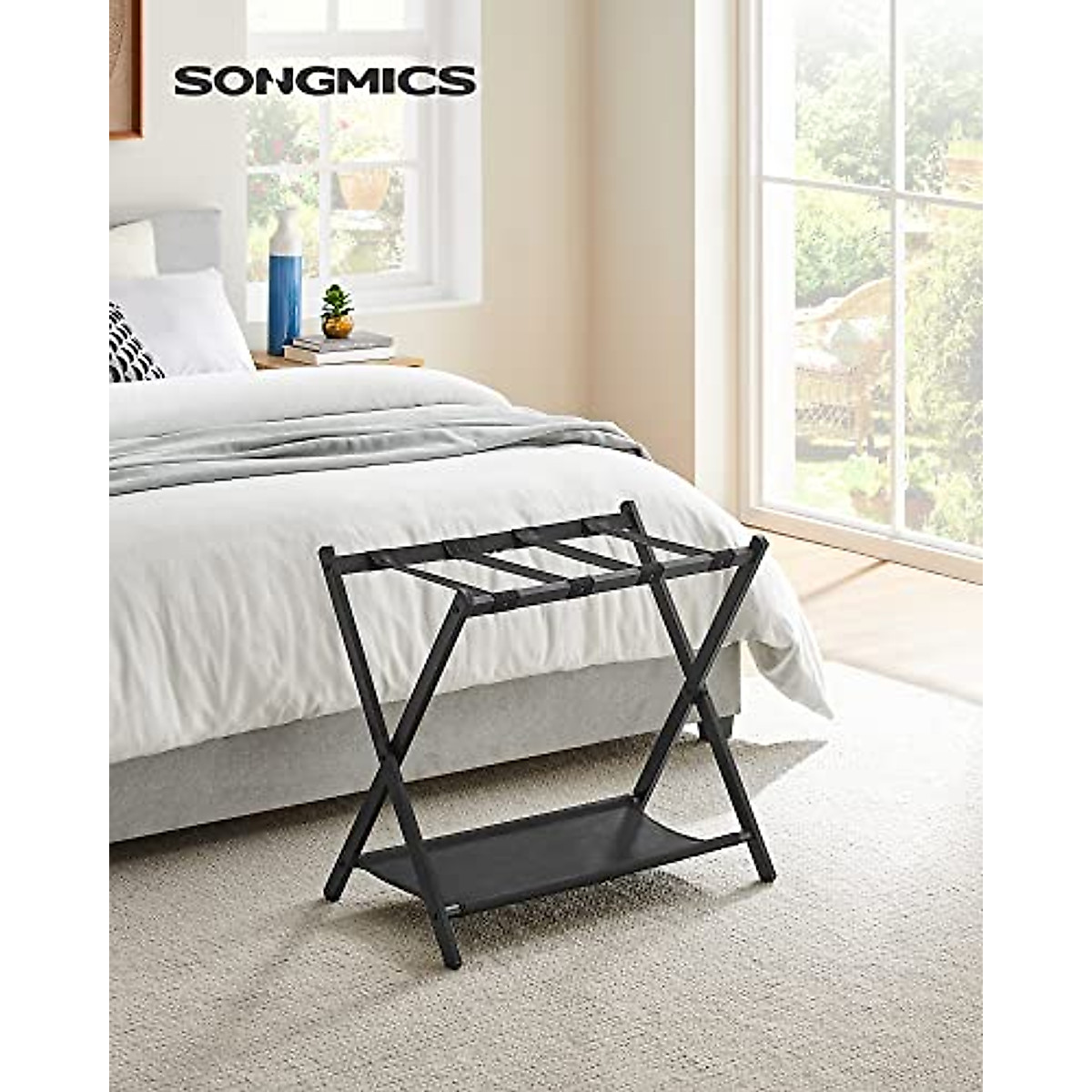 SONGMICS Luggage Rack for Guest Room, Suitcase Stand with Storage Shelf, Steel Frame, Foldable for Easy Storage, Hotel, Bedroom, Black URLR003B01