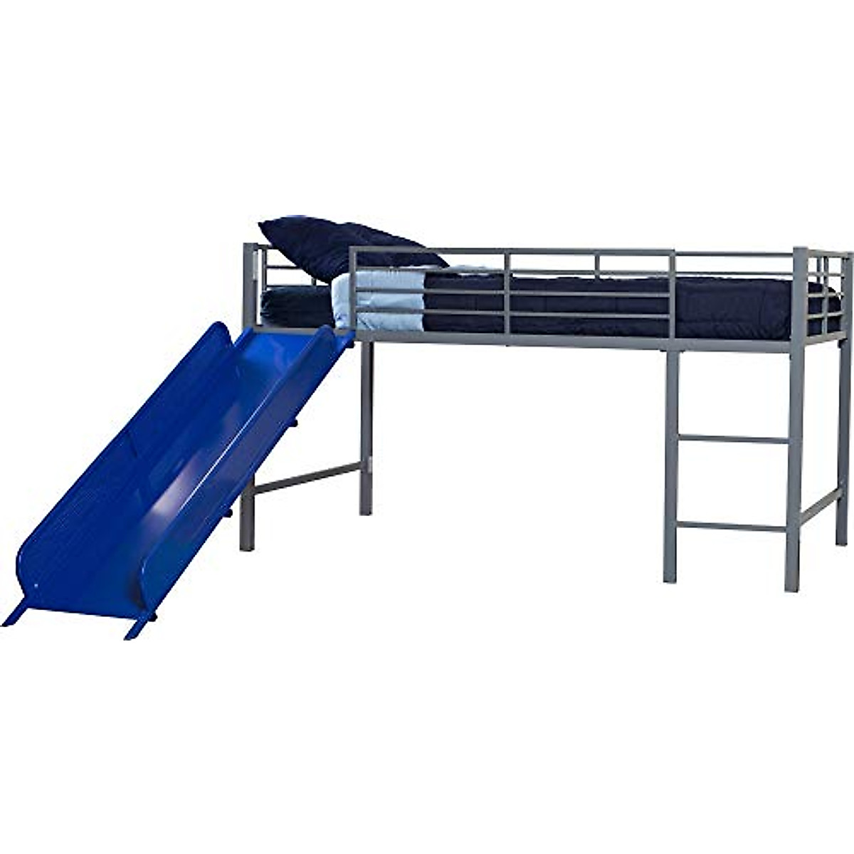 DHP Junior Twin Metal Loft Bed with Slide, Multifunctional Design, Silver with Blue Slide